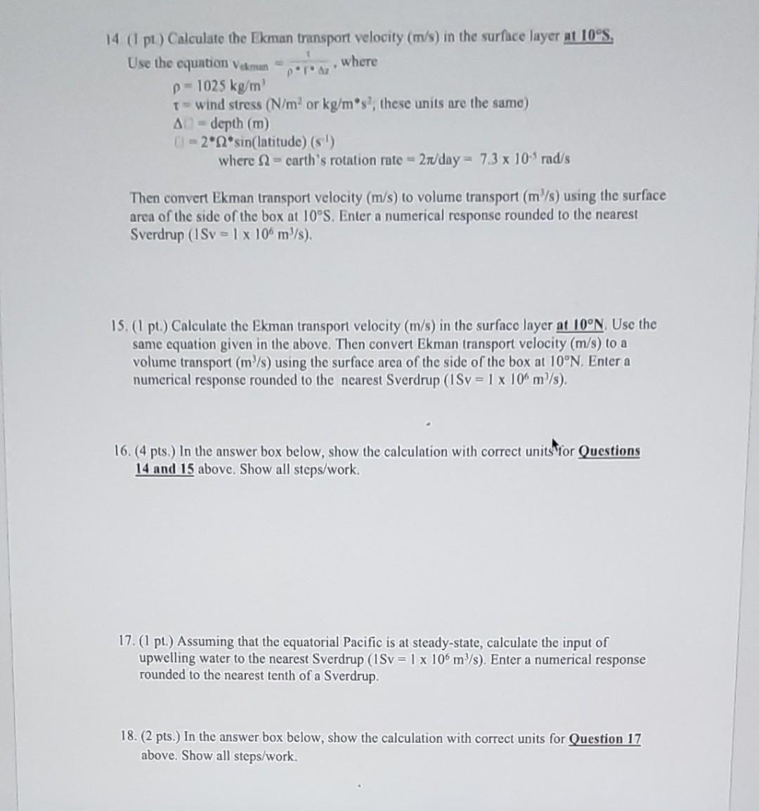 Solved (22 pts.) Part 2: Ekman Transport and Box Models We | Chegg.com