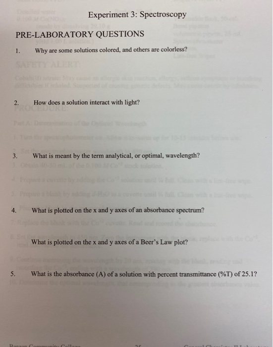 Solved Experiment 3: Spectroscopy PRE-LABORATORY QUESTIONS | Chegg.com