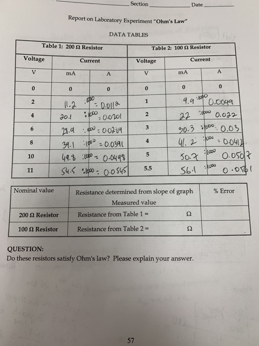 Solved Section Date Report on Laboratory Experiment "Ohm's | Chegg.com