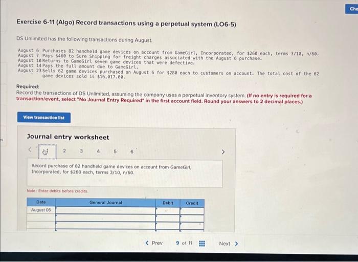 Solved Exercise 6-11 (Algo) Record transactions using a | Chegg.com