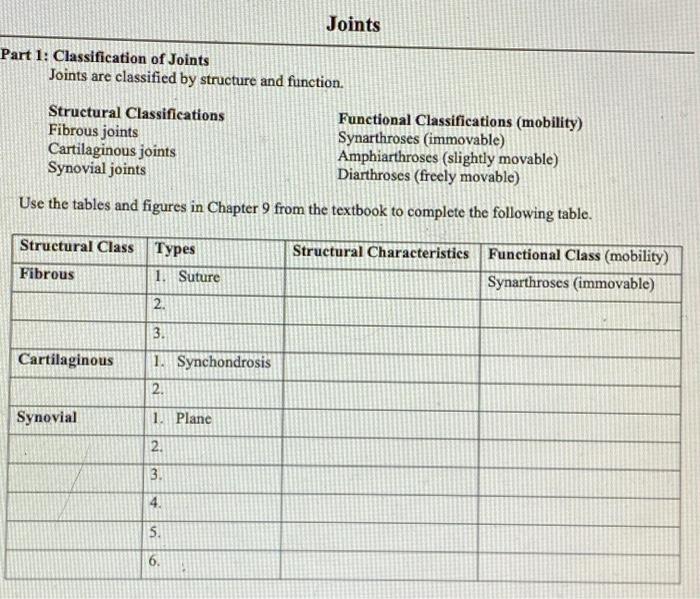 Solved Joints Part 1: Classification of Joints Joints are | Chegg.com