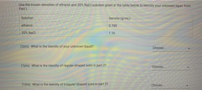 Solved Use the known densities of ethanol and 20% NaCl | Chegg.com