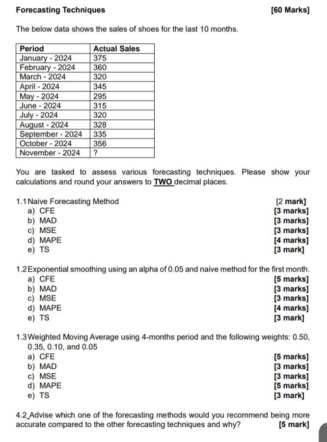 Solved Forecasting Techniques[60 ﻿Marks]The below data shows | Chegg.com