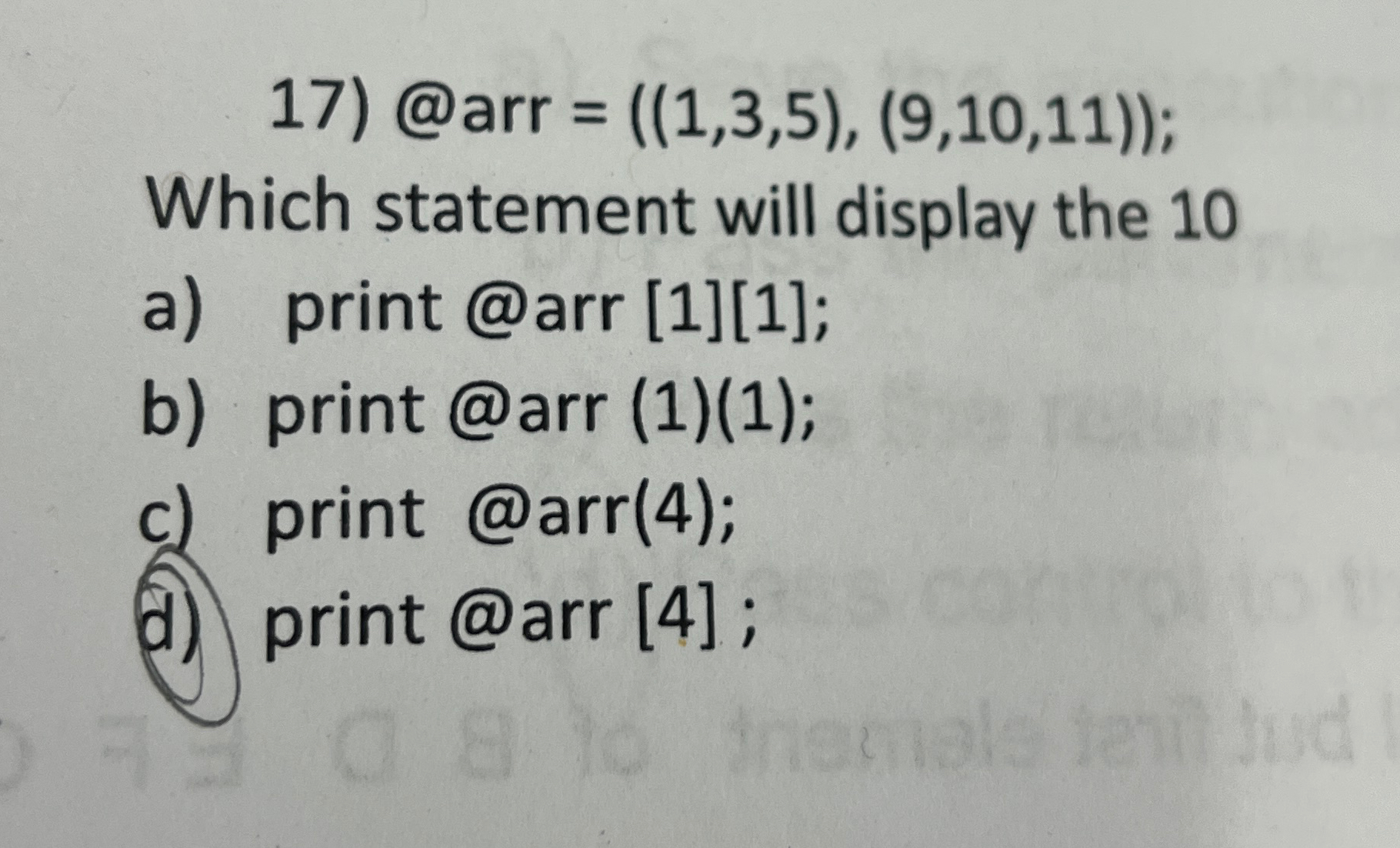Solved @arr = ((1,3,5), (9,10,11);Which statement will | Chegg.com