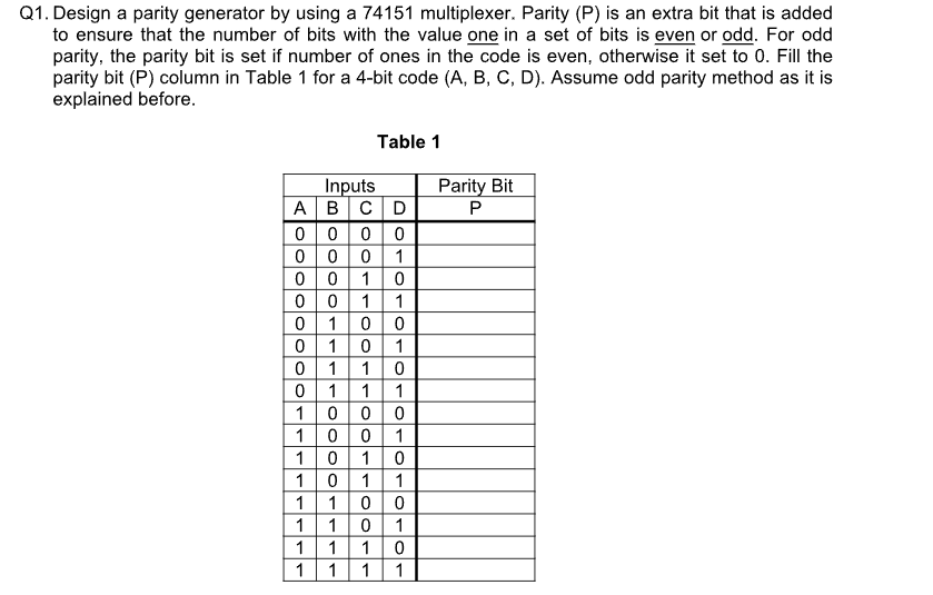 Solved Design The Parity Bit Generator Circuit Defined In