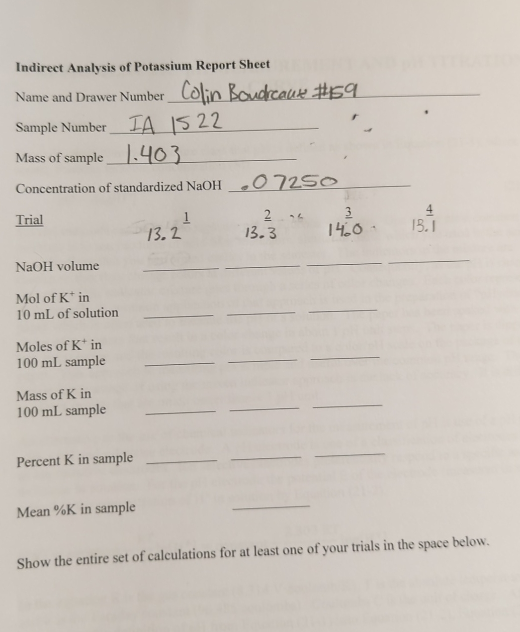 Solved Indirect Analysis of Potassium Report SheetName and | Chegg.com