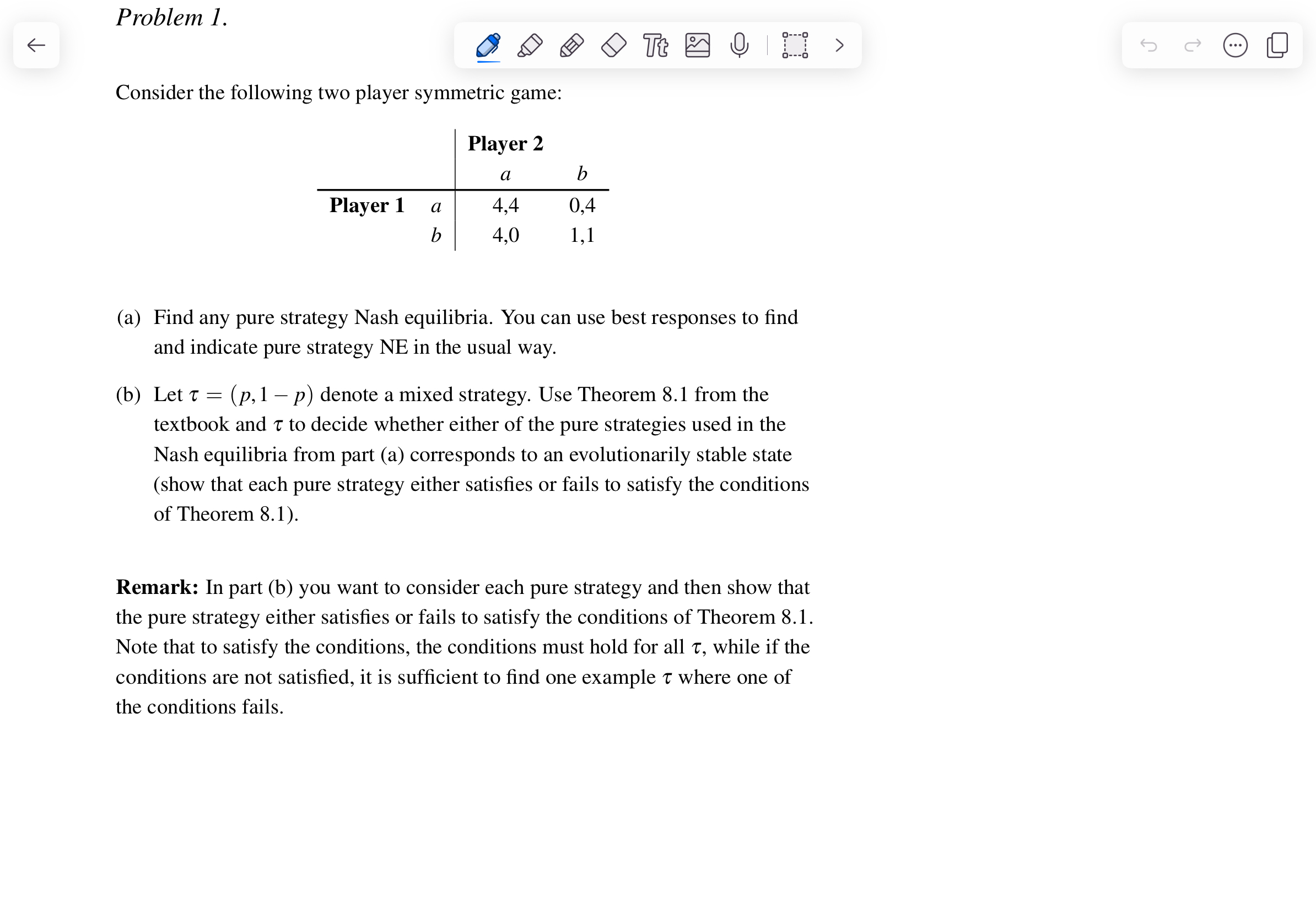 Solved Problem 1.Consider the following two player symmetric | Chegg.com