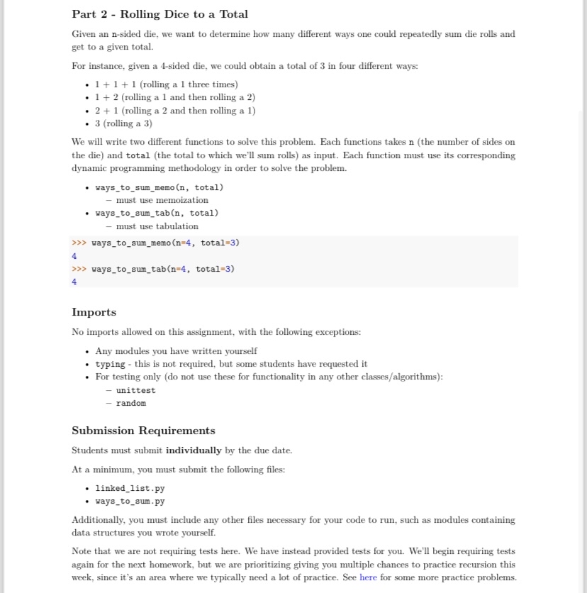 Solved Part 2 - ﻿Rolling Dice to a TotalGiven an n-sided | Chegg.com