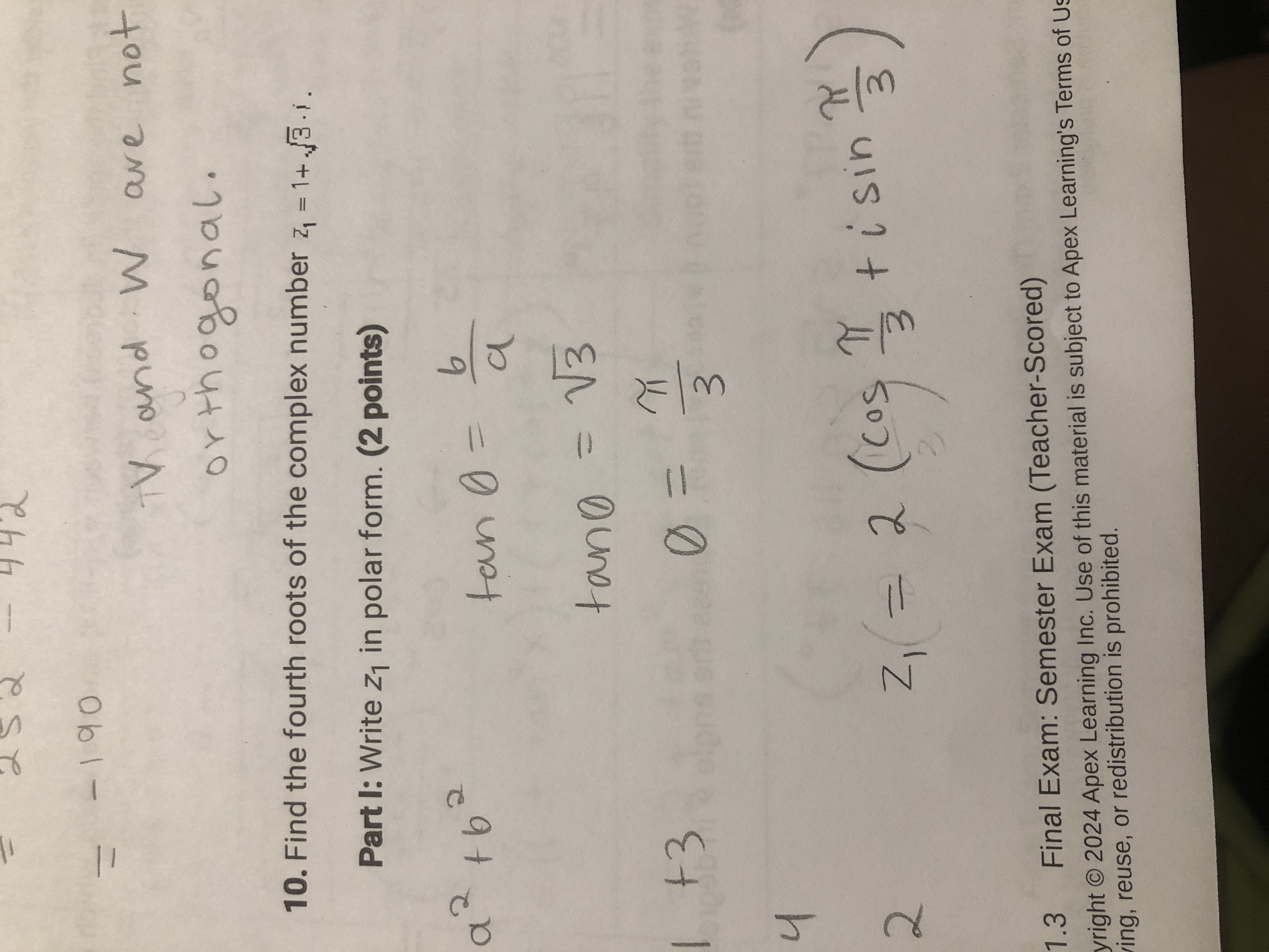 =-190T and W ﻿are notorthogonal.Find the fourth roots | Chegg.com