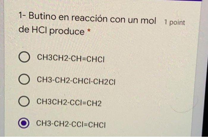 Solved 1- Butino en reacción con un mol 1 point de HCl | Chegg.com