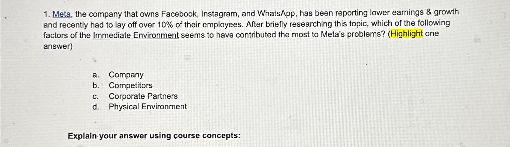 Solved Meta, the company that owns Facebook, Instagram, and | Chegg.com