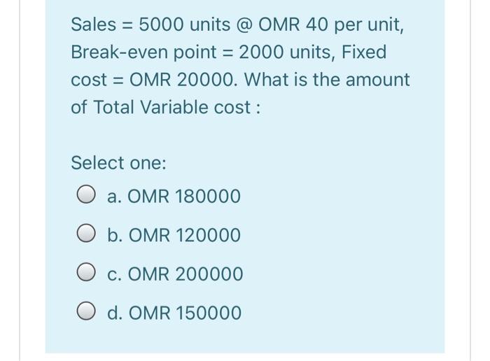 Solved Sales = 5000 units @ OMR 40 per unit, Break-even | Chegg.com