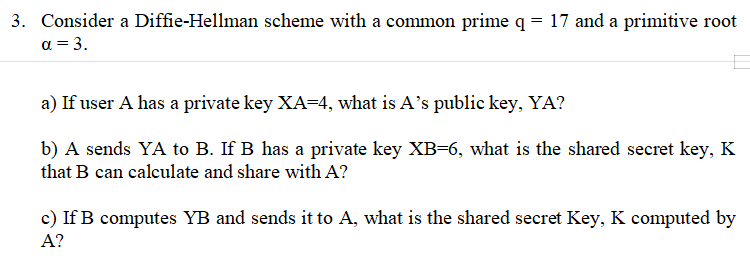 Solved 3. Consider a Diffie-Hellman scheme with a common | Chegg.com
