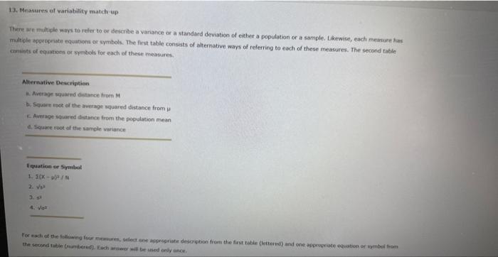 Solved 11. Meaksares of variability match up There s ty | Chegg.com