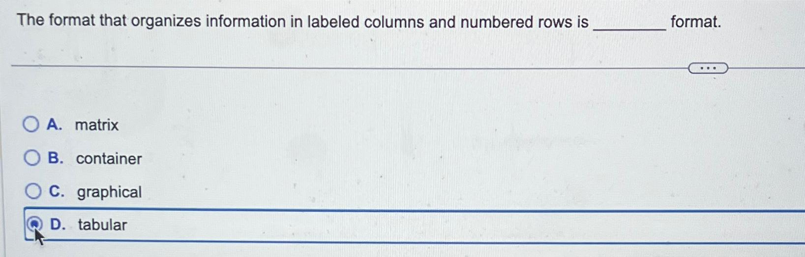 Solved The format that organizes information in labeled | Chegg.com