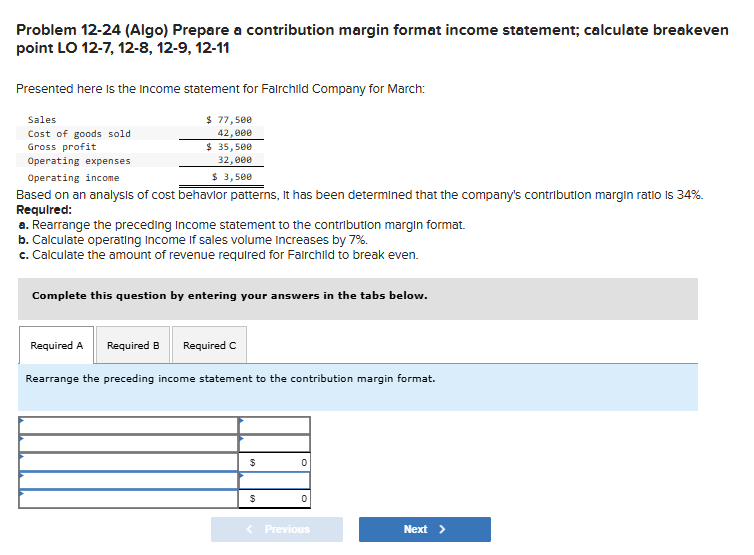 Problem 12-24 (Algo) ﻿Prepare a contribution margin | Chegg.com