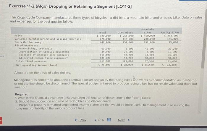 Solved Exercise 11-2 (Algo) Dropping or Retaining a Segment | Chegg.com