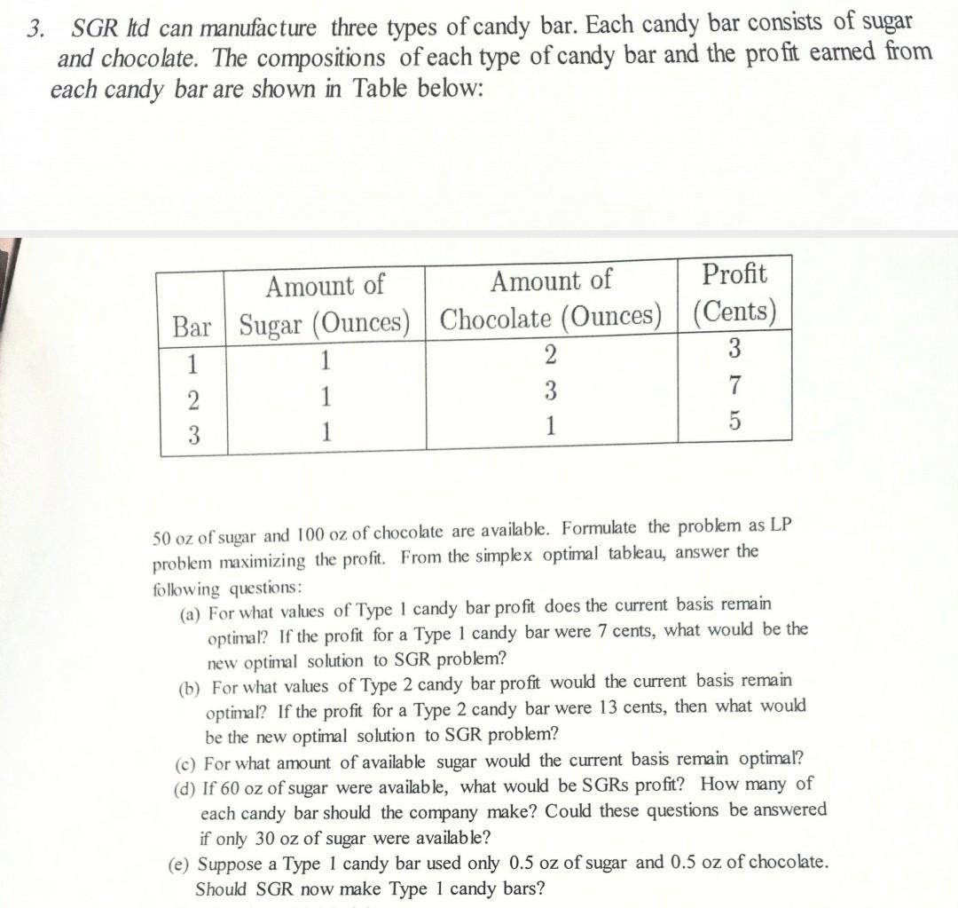 Solved 3. SGR Itd can manufacture three types of candy bar. | Chegg.com