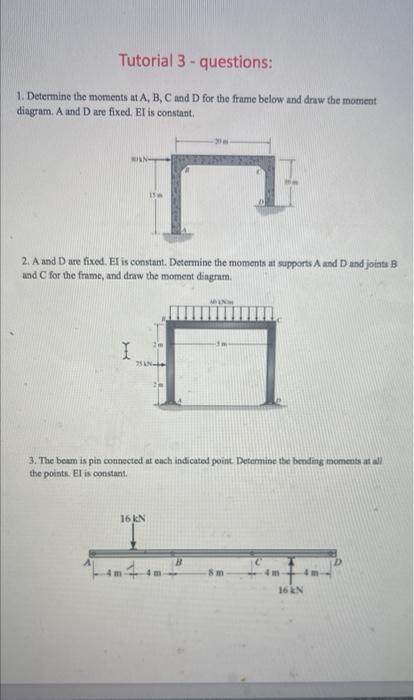 Solved Tutorial 3 - questions: 1. Determine the moments at | Chegg.com