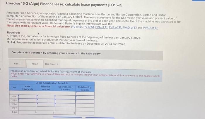Solved Exercise 15-2 (Algo) Finance lease; calculate lease | Chegg.com
