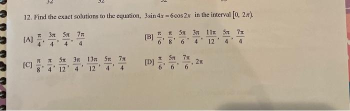 Solved 32 2 12. Find the exact solutions to the equation, | Chegg.com