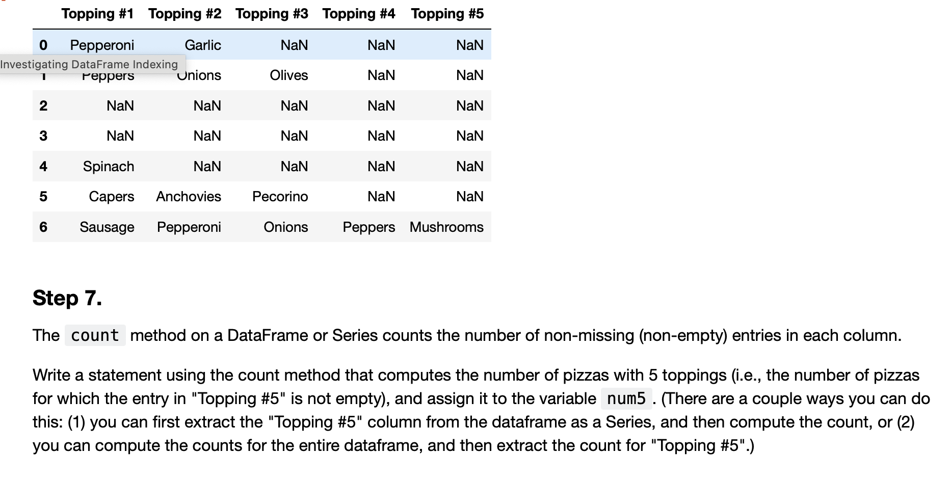 Solved Step 7.The count method on a DataFrame or Series | Chegg.com