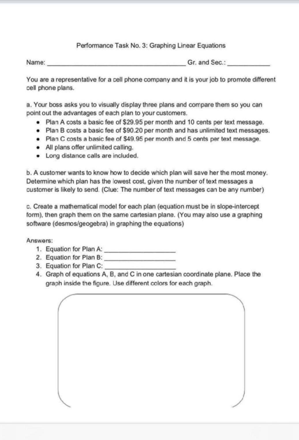 Solved Performance Task No. 3: Graphing Linear Equations | Chegg.com