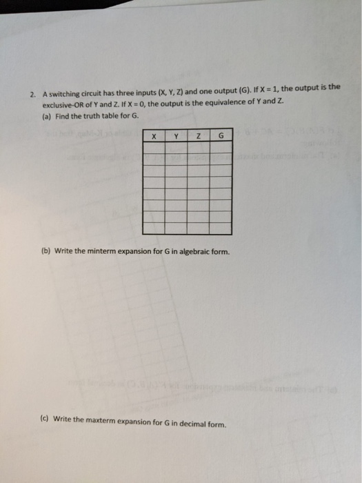 Solved 2. A switching circuit has three inputs (X, Y, Z) and | Chegg.com