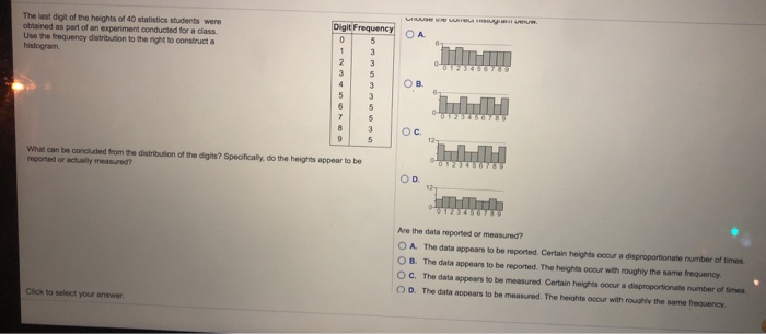 Solved The last digit of the heights of 40 statistics | Chegg.com