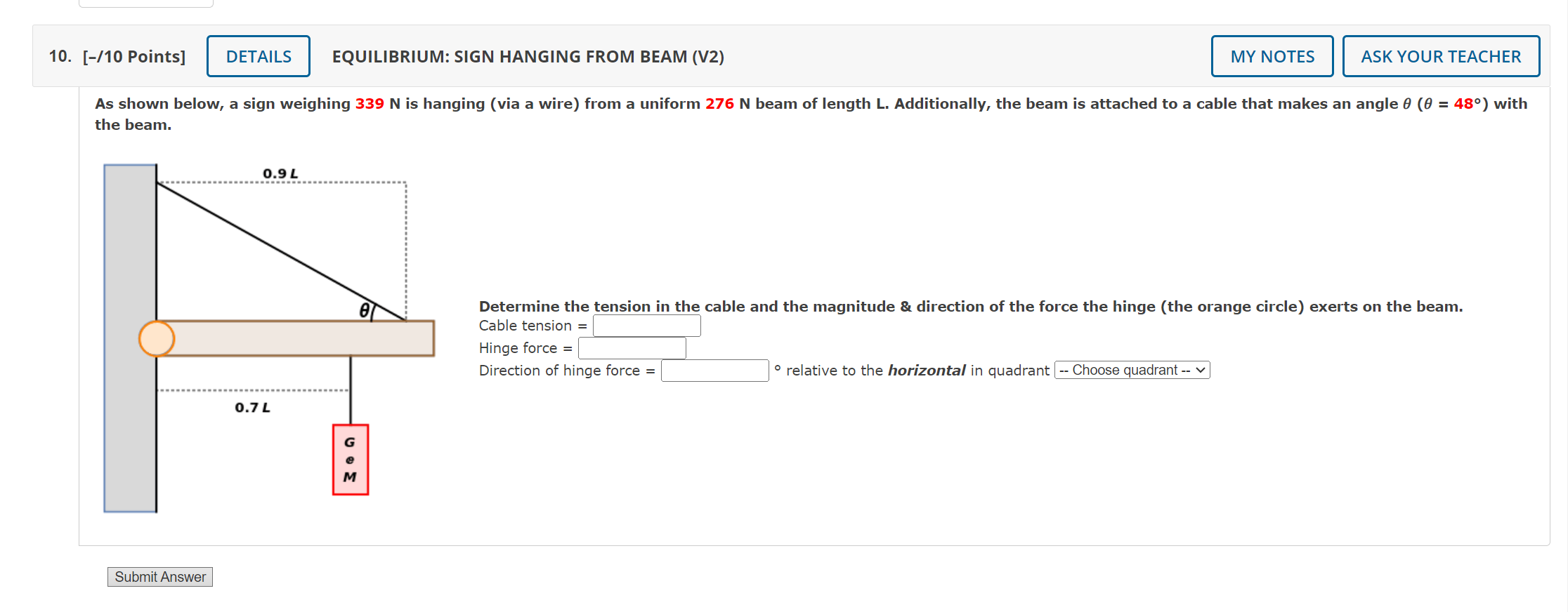 Solved Points]EQUILIBRIUM: SIGN HANGING FROM BEAM (V2) ﻿the | Chegg.com