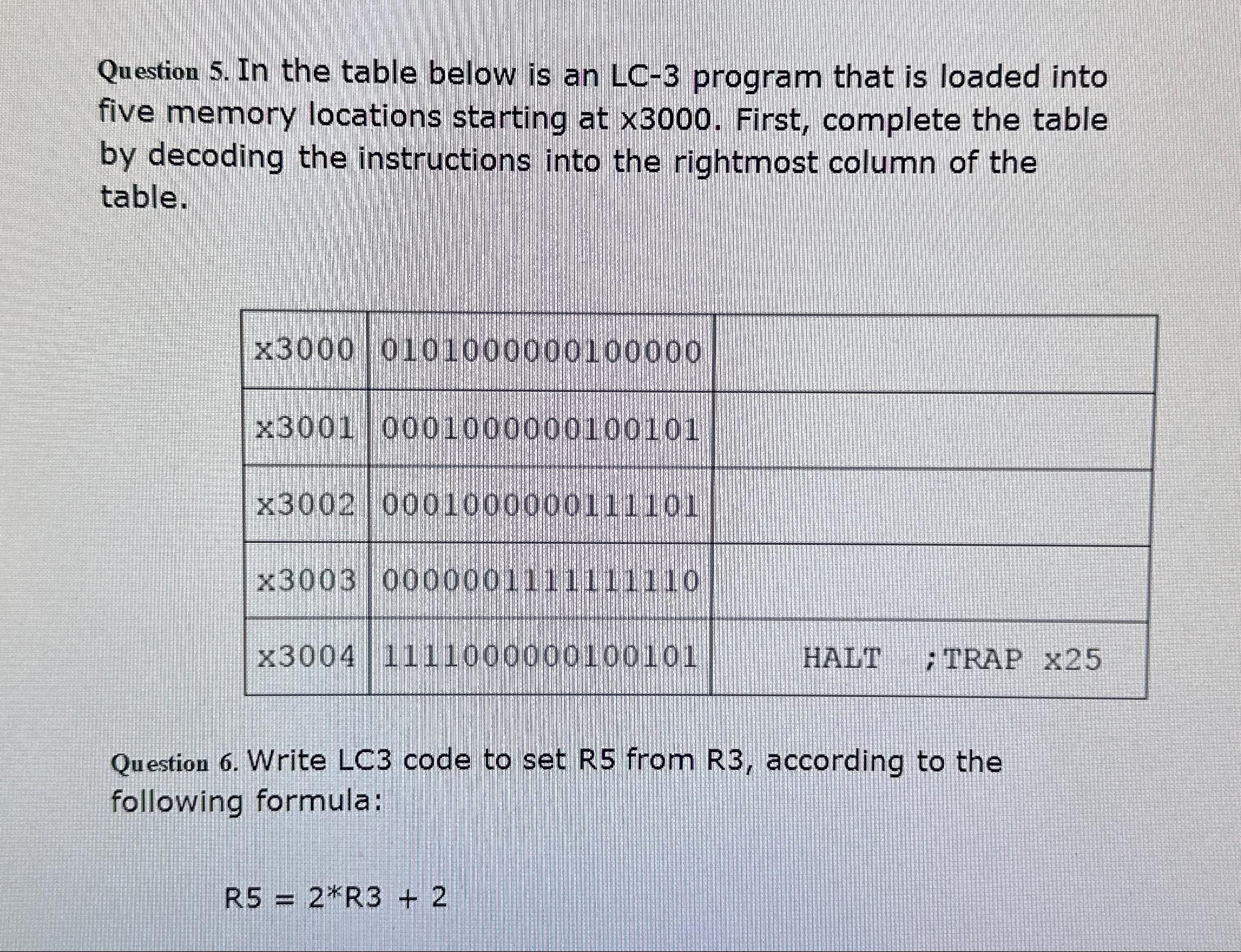 Solved Question 5. ﻿In the table below is an LC-3 ﻿program | Chegg.com