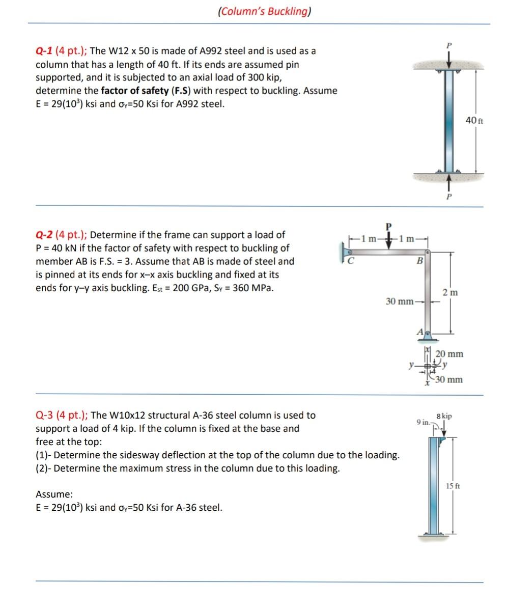 Solved (Column's Buckling) Q-1 (4 pt.); The W12 x 50 is made | Chegg.com