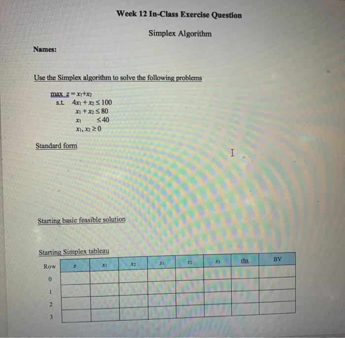 Solved Week 12 In Class Exercise Question Simplex Algorithm 6608