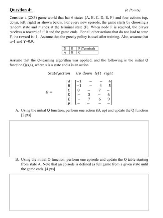 Solved Question 4: (6 Points) Consider a (2X3) game world | Chegg.com