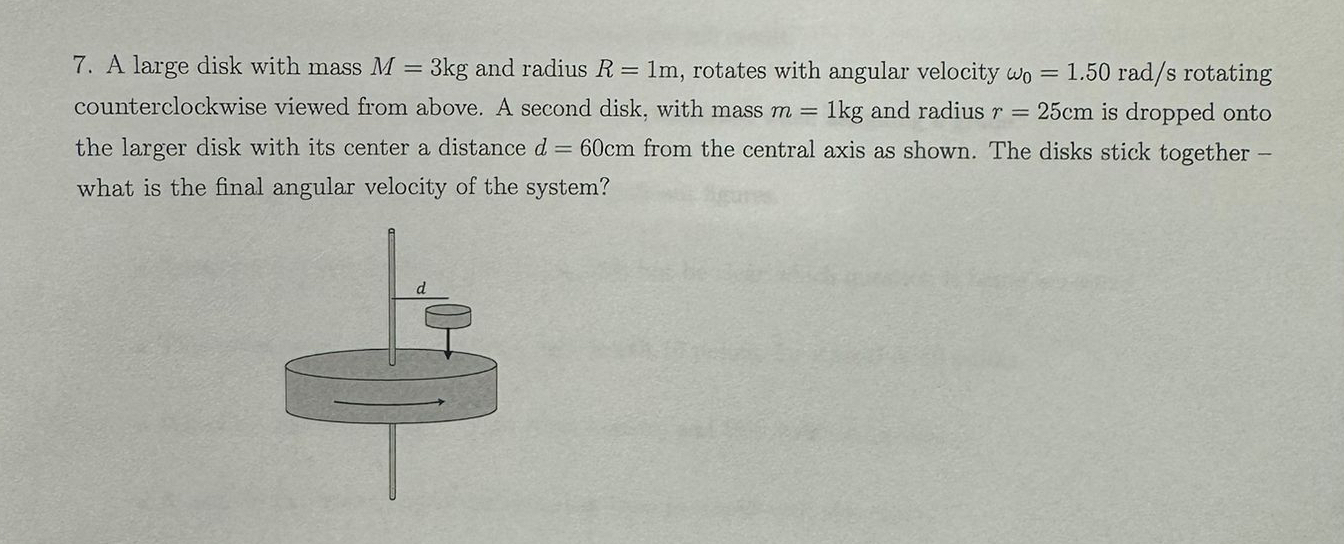 Solved A large disk with mass M=3kg ﻿and radius R=1m, | Chegg.com