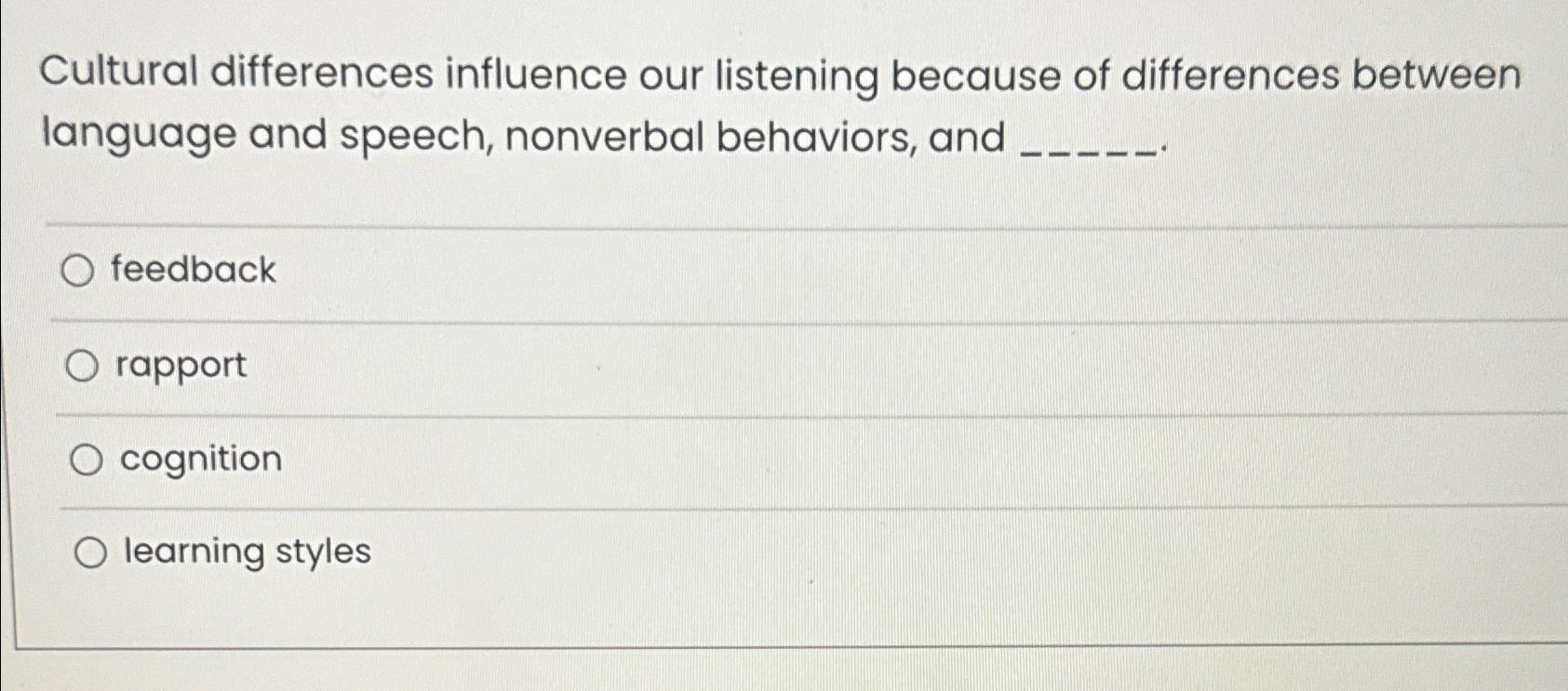 Solved Cultural differences influence our listening because | Chegg.com