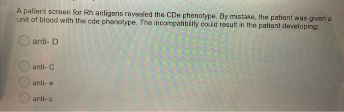 Solved A patient screen for Rh antigens revealed the CDe | Chegg.com