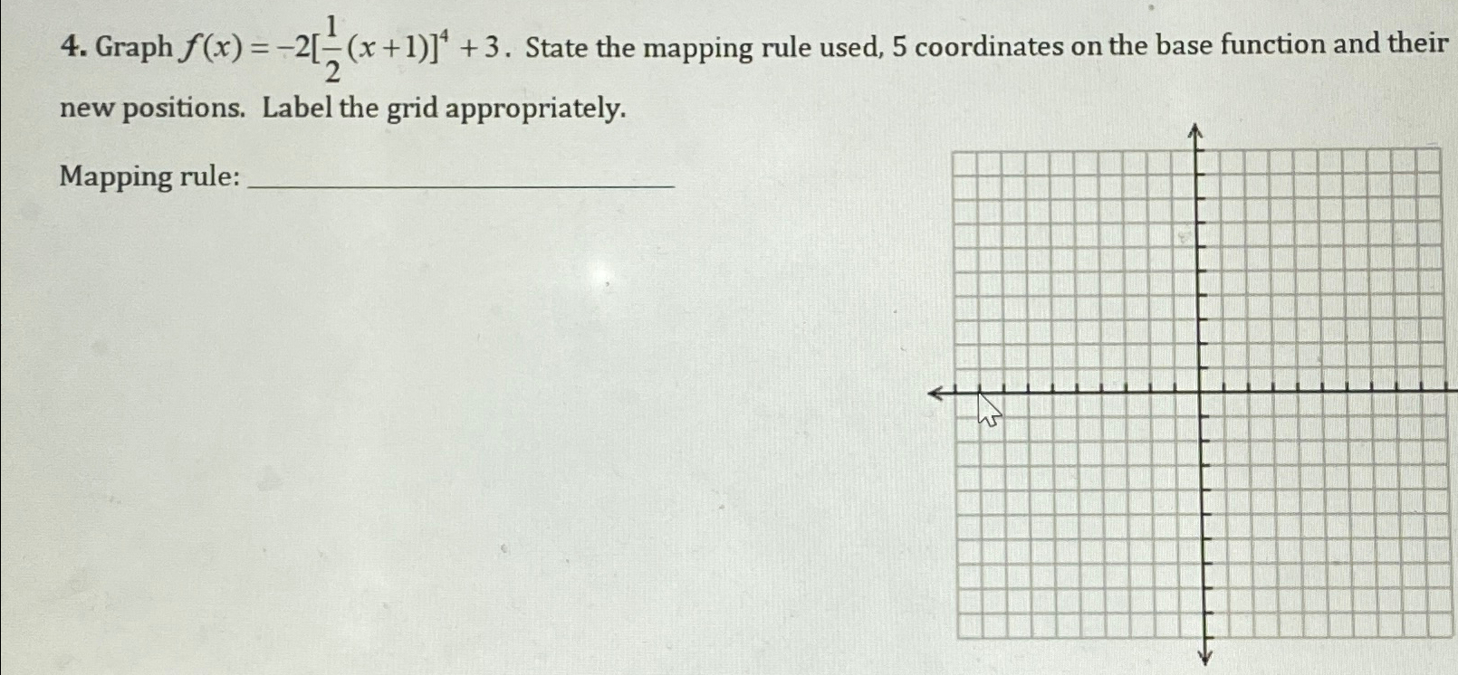 Solved Graph f(x)=-2[12(x+1)]4+3. ﻿State the mapping rule | Chegg.com