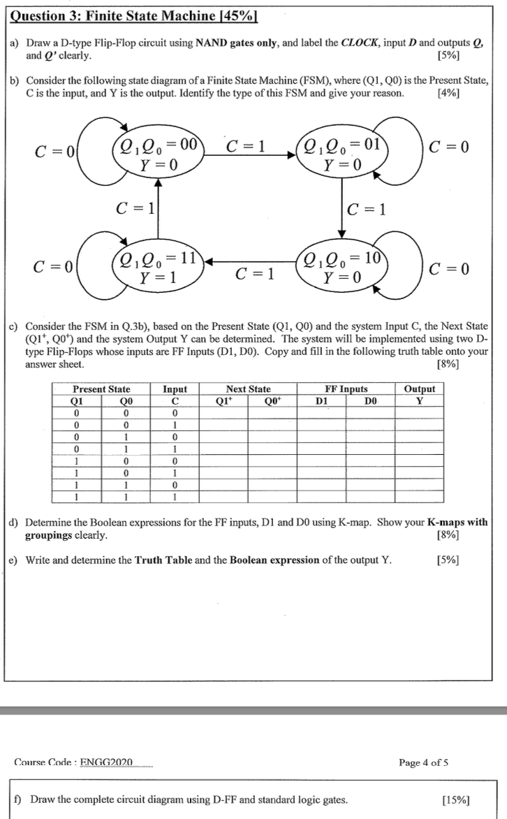 Solved Question 3: Finite State Machine [45%]a) ﻿Draw a | Chegg.com
