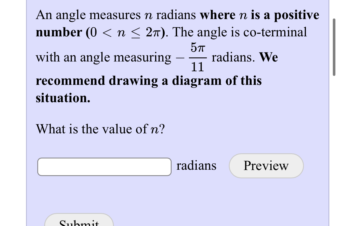 Solved An angle measures n ﻿radians where n ﻿is a positive | Chegg.com