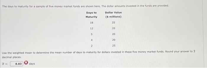 Solved The days to maturity for a sample of five money | Chegg.com