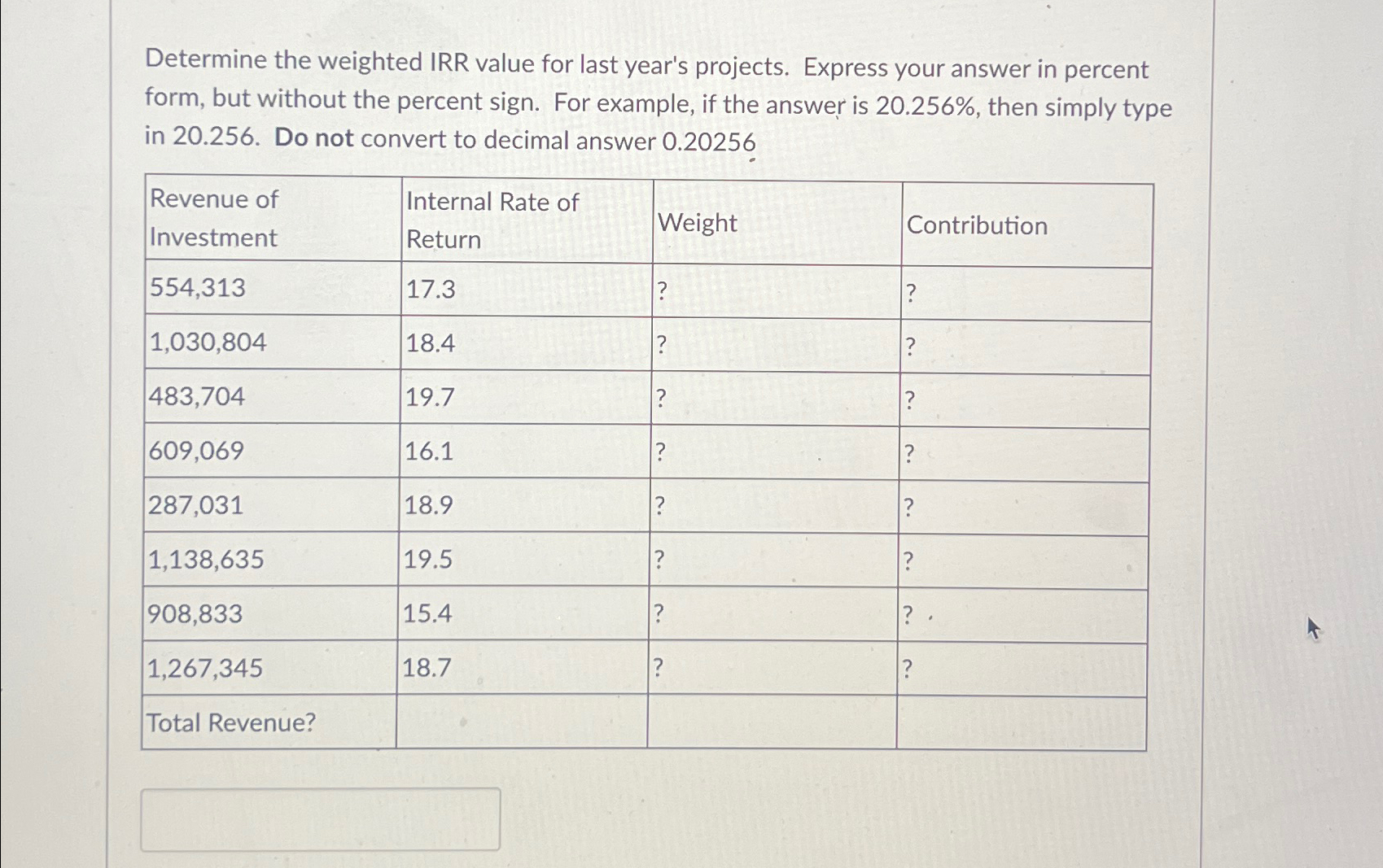 Solved Determine the weighted IRR value for last year's | Chegg.com
