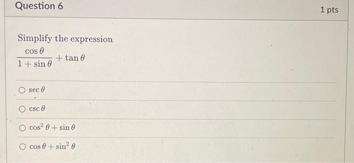 Solved Simplify the expression 1+sinθcosθ+tanθ | Chegg.com