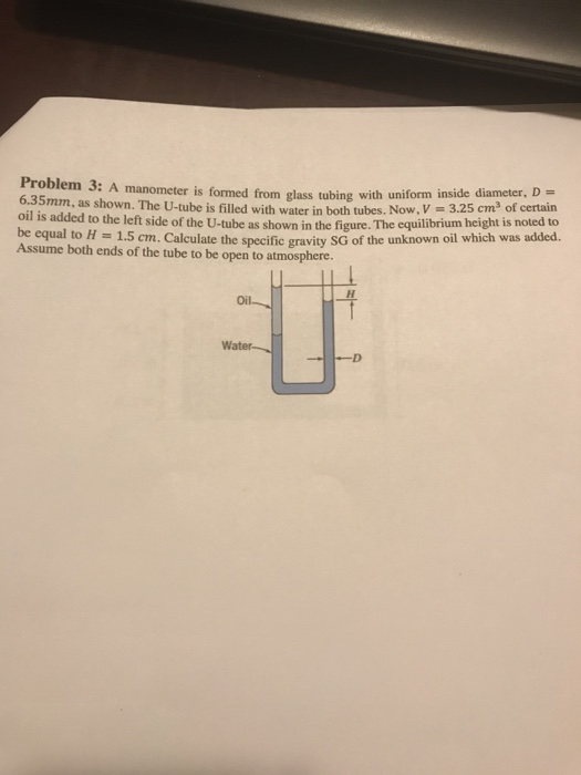 Solved Problem 3: A manometer is formed from glass tubing | Chegg.com