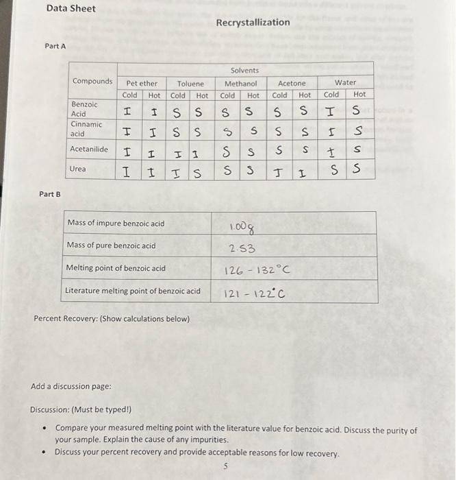Solved Data Sheet Recrystallization Part A Part B Percent | Chegg.com