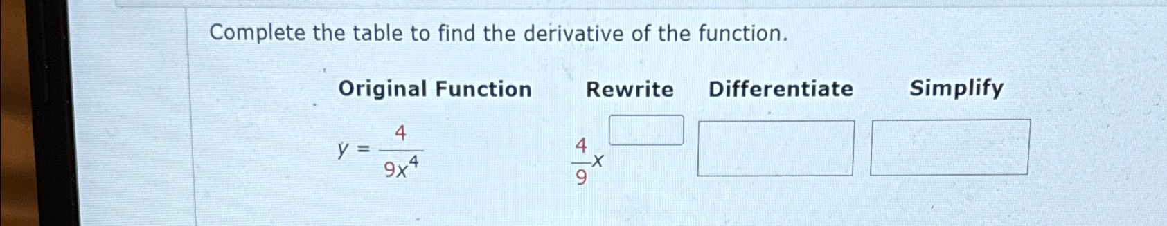 Solved Complete the table to find the derivative of the | Chegg.com
