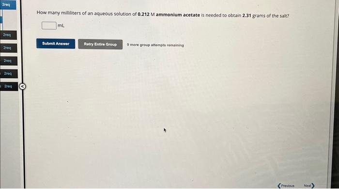 Solved How many milliliters of an aqueous solution of 0.212M | Chegg.com