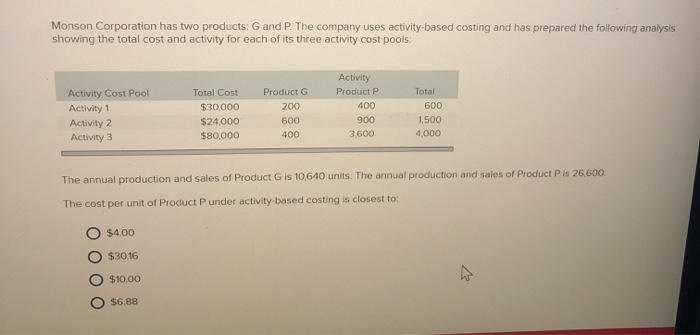 Solved Monson Corporation has two products: G and P. The | Chegg.com
