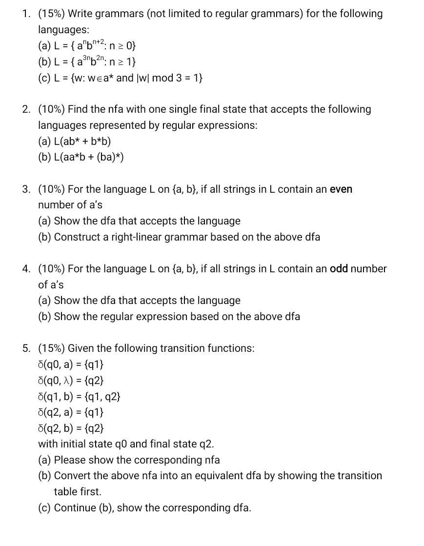Solved 1. (15%) Write grammars (not limited to regular | Chegg.com