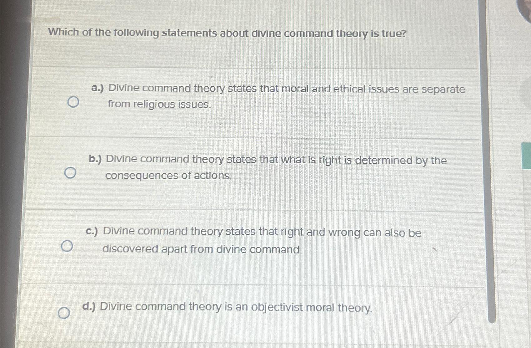 Solved Which of the following statements about divine | Chegg.com